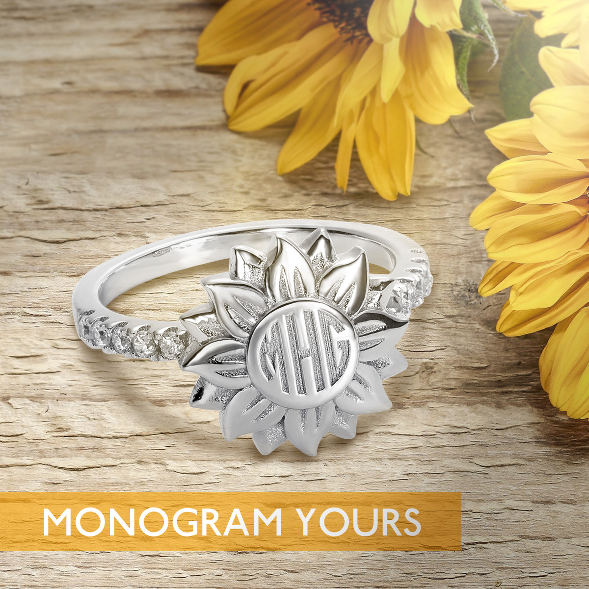 Personalized Block Monogram Sunflower Ring Sterling Silver - CALLIE
