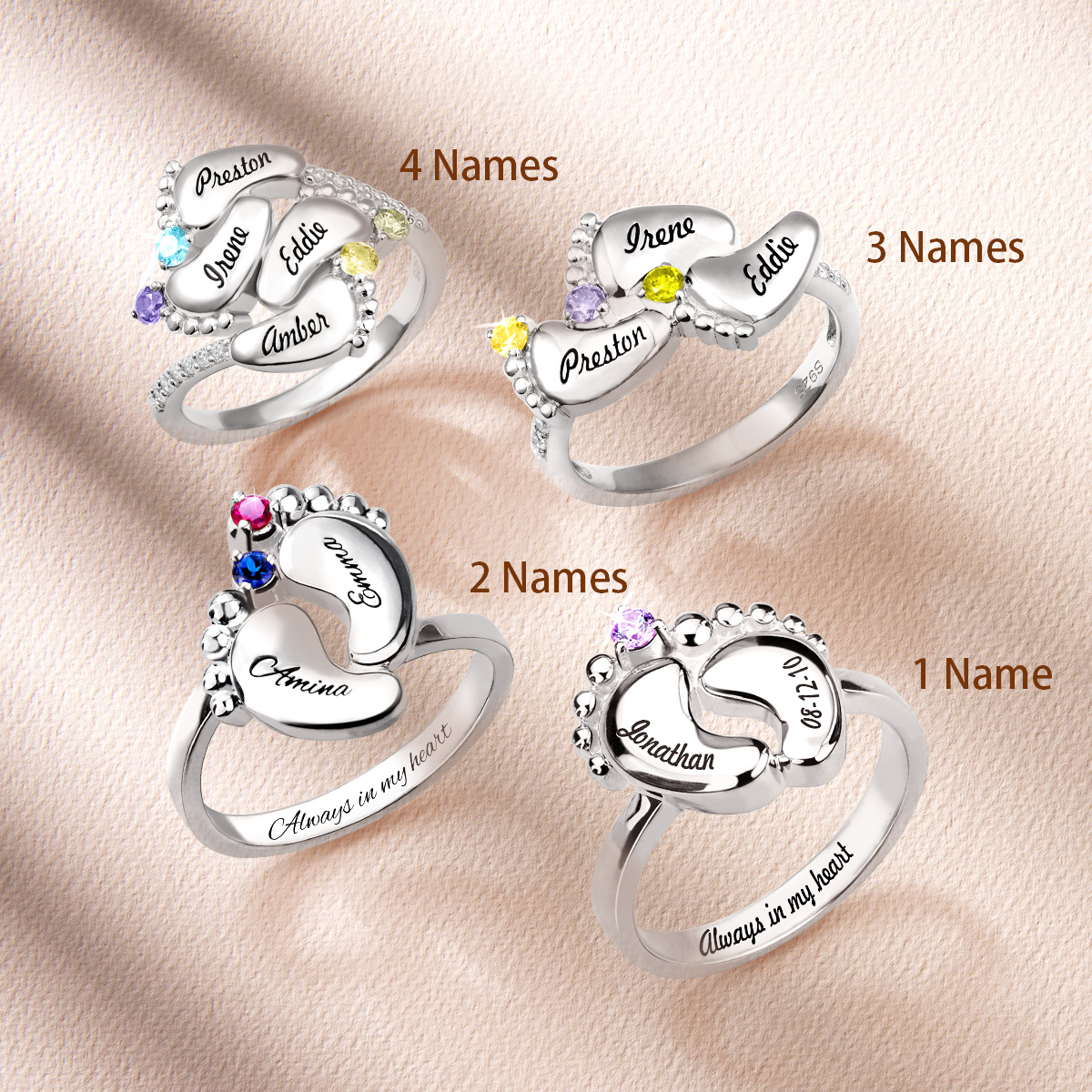 Personalized Feet Ring with Baby Names & Birthstones - CALLIE