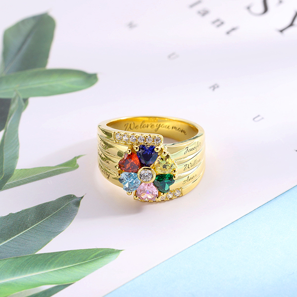 Callie Mother's Ring With Children Names and Heart Birthstones - CALLIE