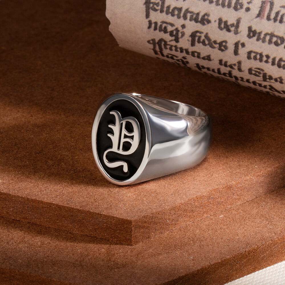 Personalized Gothic Old English Initial Signet Ring - CALLIE