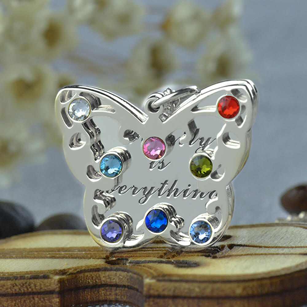 Engraved Mother's Butterfly Necklace with Kid's Birthstones Sterling Silver