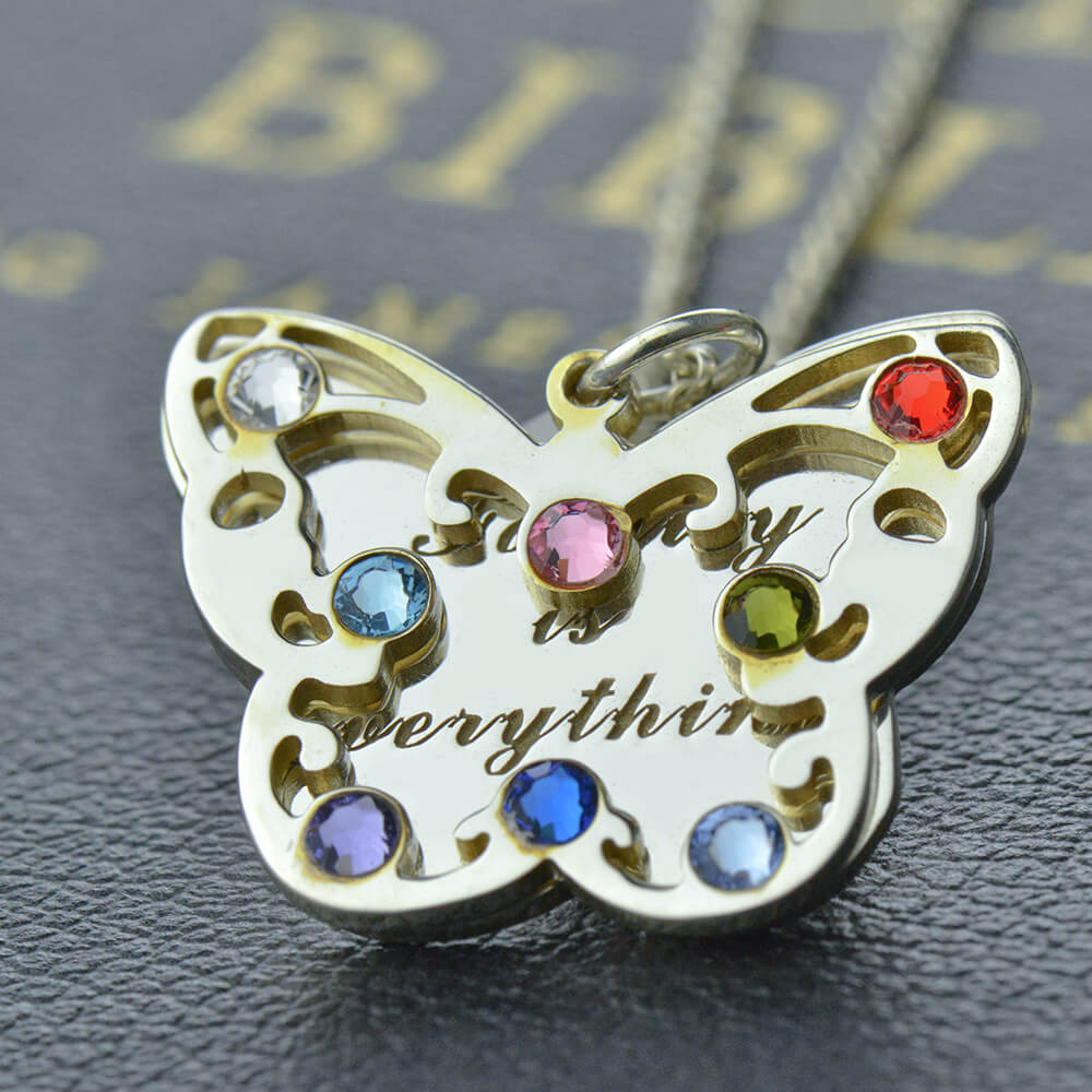 Engraved Mother's Butterfly Necklace with Kid's Birthstones Sterling ...