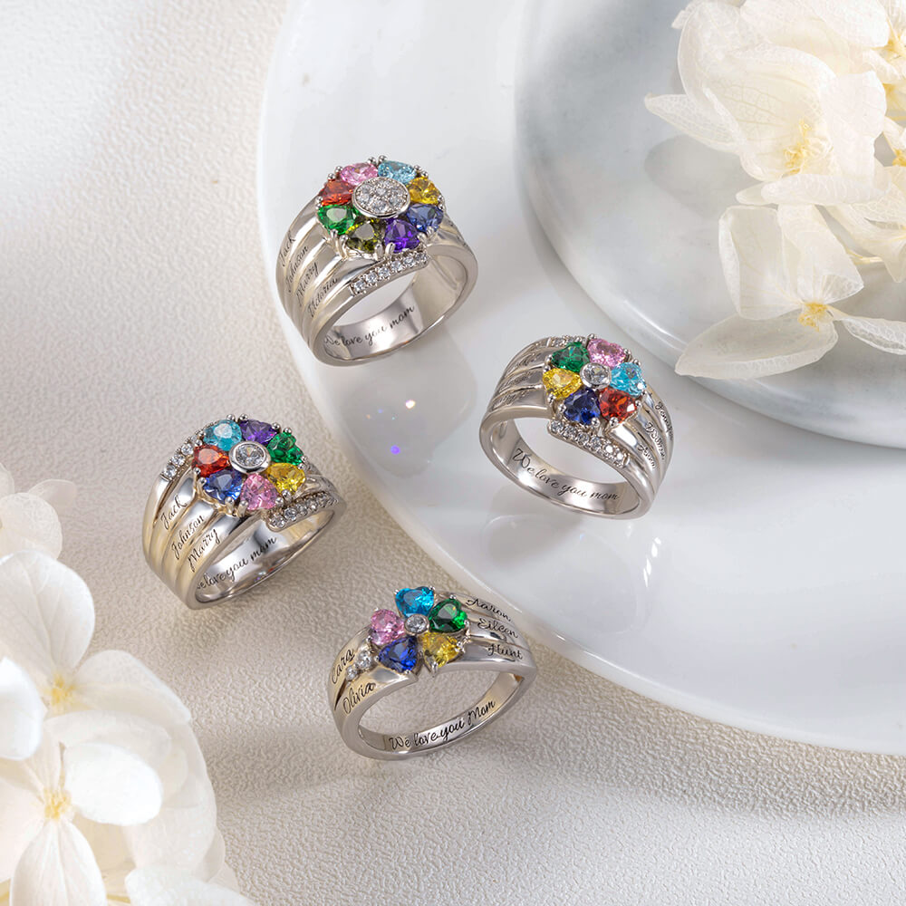 Callie Mother's Ring With Children Names and Heart Birthstones - CALLIE
