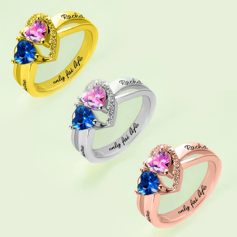 Promise Ring Double Heart Birthstones & Names - CALLIE