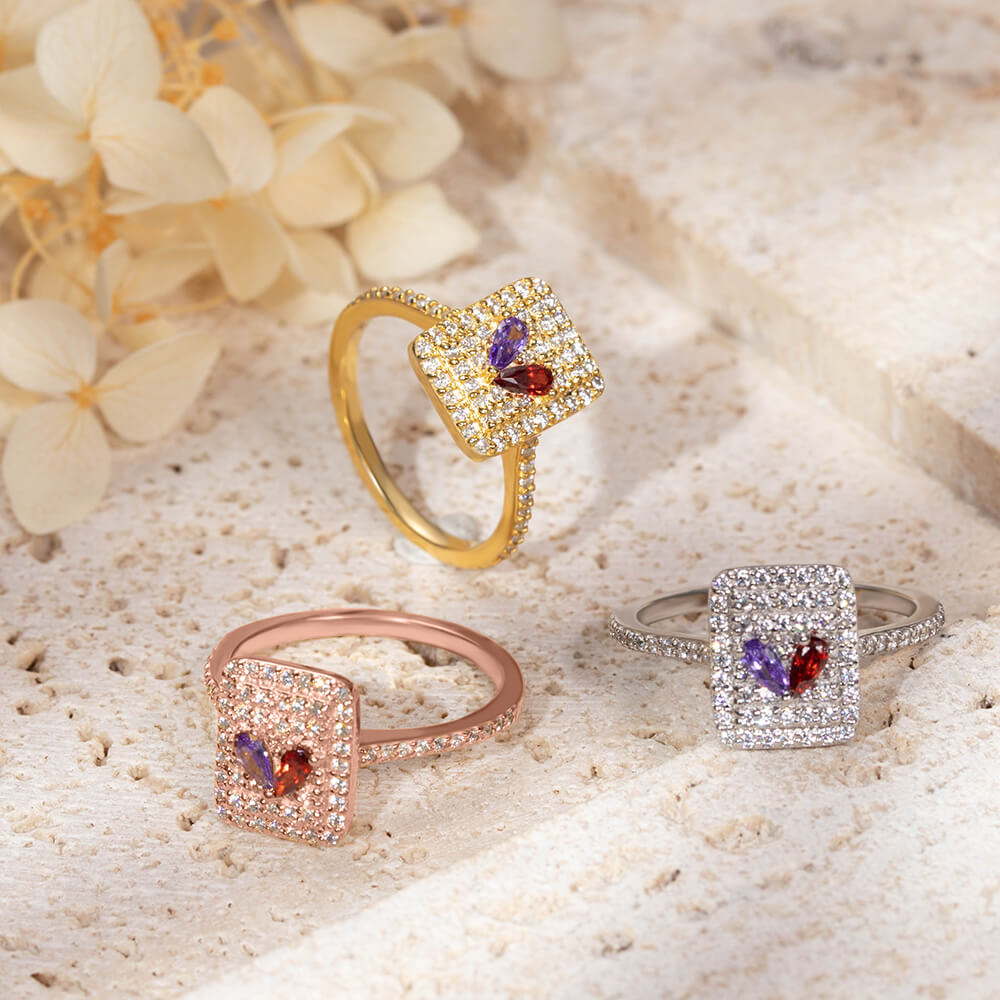 Custom Double Birthstones Square Sparkle Ring - CALLIE
