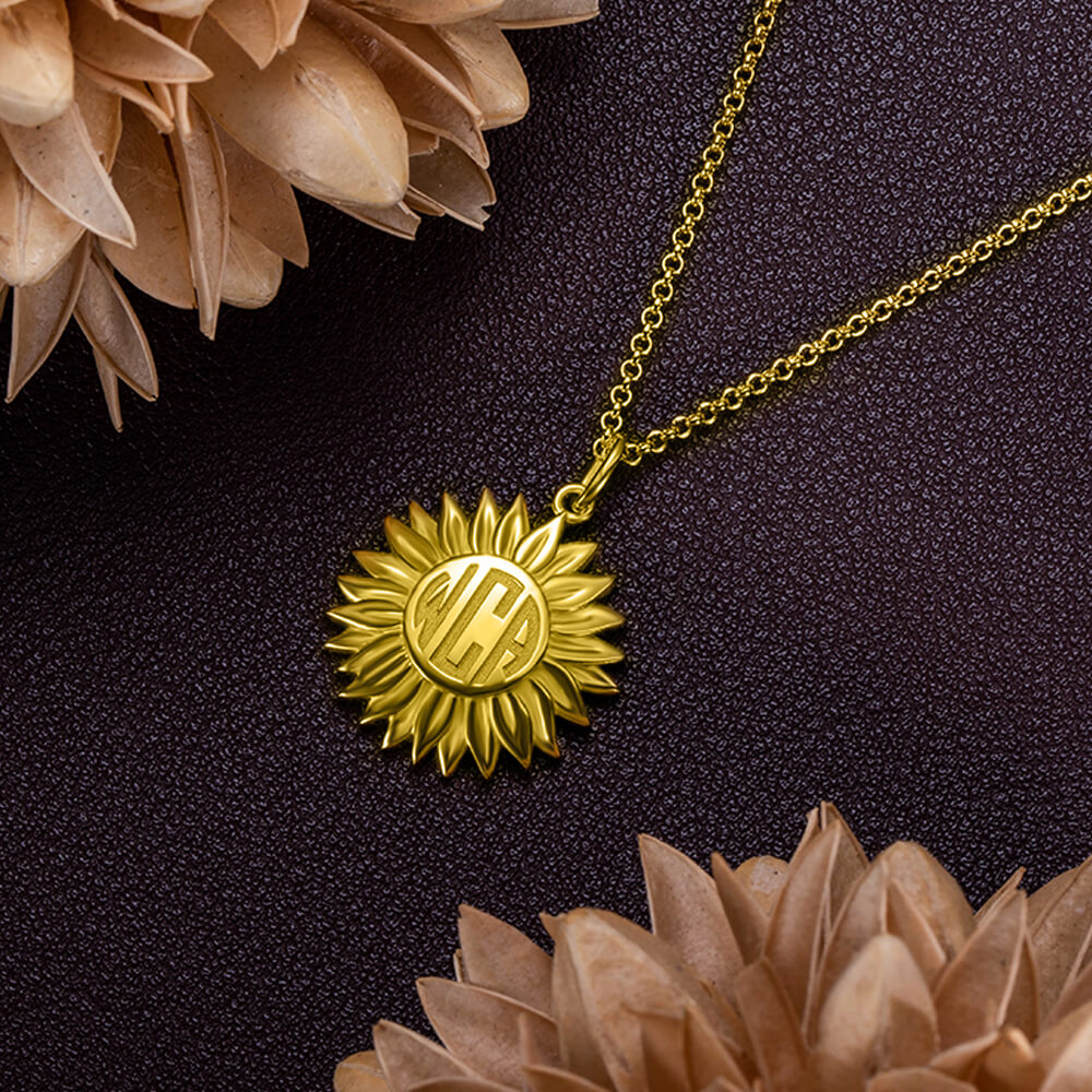 Personalized Sunflower Necklace Engraved Block Monogram Sterling Silver ...