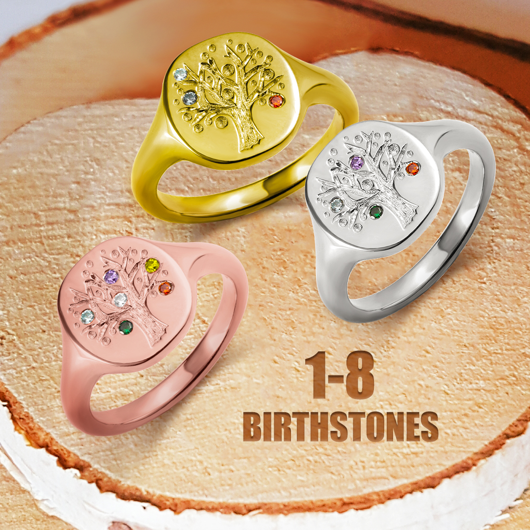 Personalized Family Tree Signet Ring With Birthstones - CALLIE