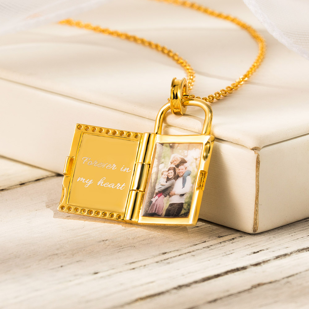 Personalized Photo Padlock Locket Necklace Memory Sterling Silver - CALLIE