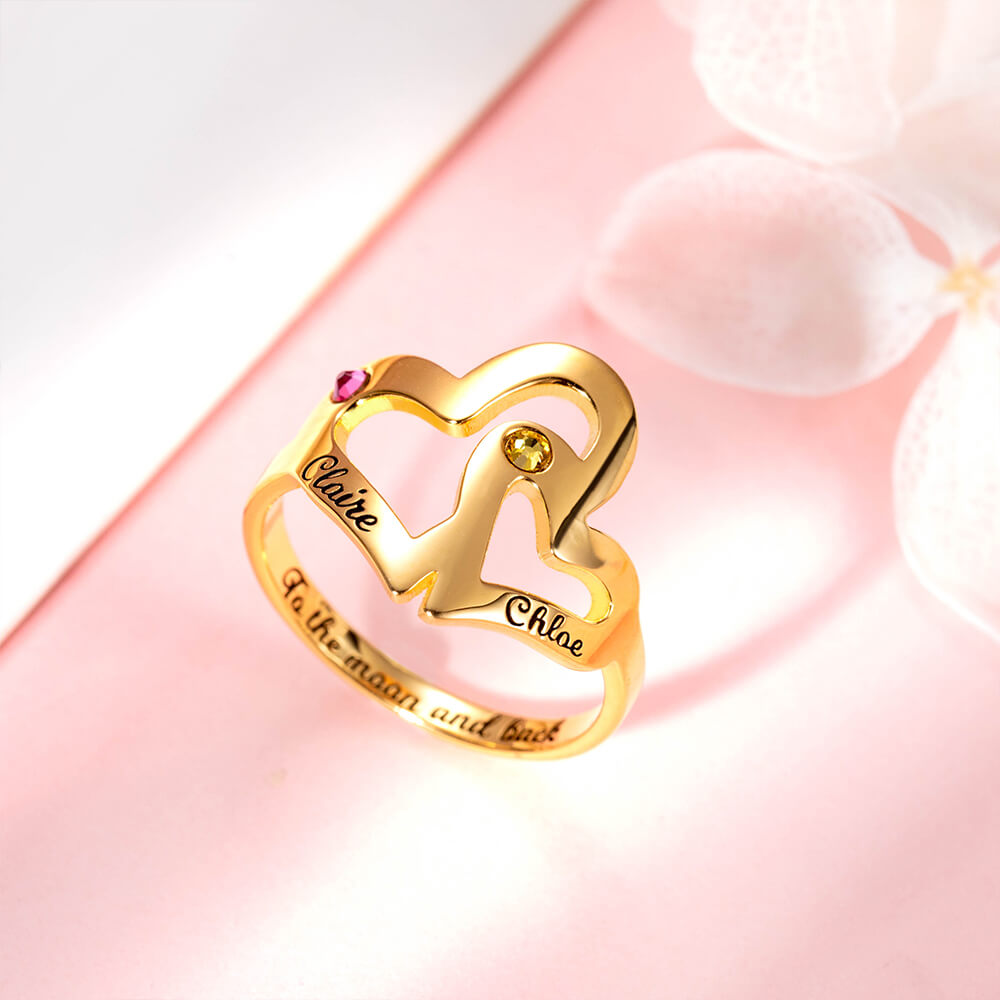 Personalized 2 Names & Birthsones Mother Daughter Heart Ring - CALLIE