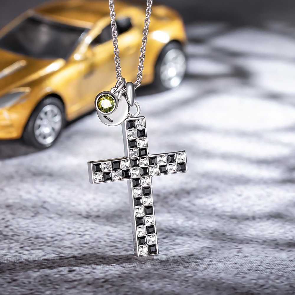 Custom Racing Black & White Checkered Flag Cross Necklace - CALLIE
