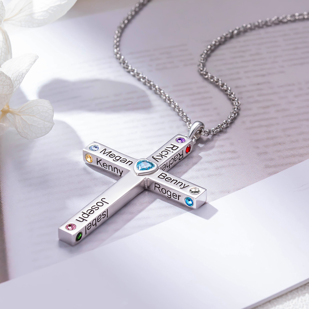 Personalized Cross Necklace for Women with Kid's Name & Birthstone - CALLIE