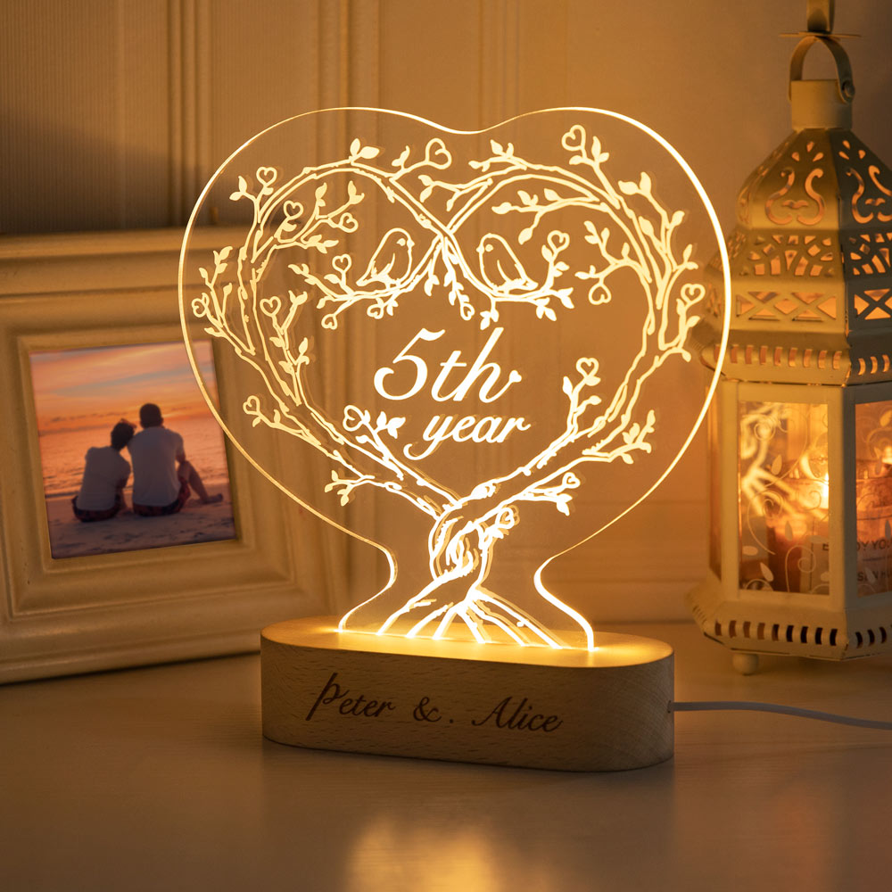 Heart Shaped LED Night Lamp with Wooden Base Anniversary Gift - CALLIE