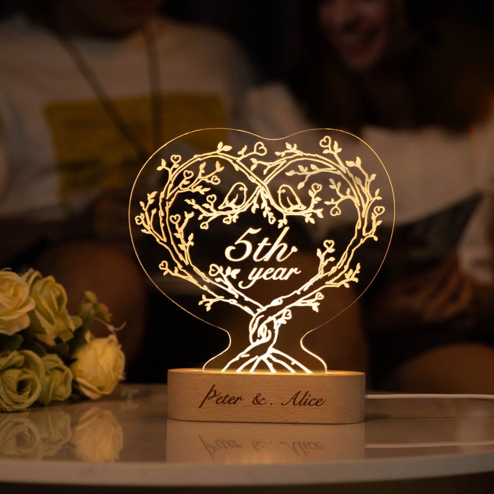 Heart Shaped LED Night Lamp with Wooden Base Anniversary Gift - CALLIE