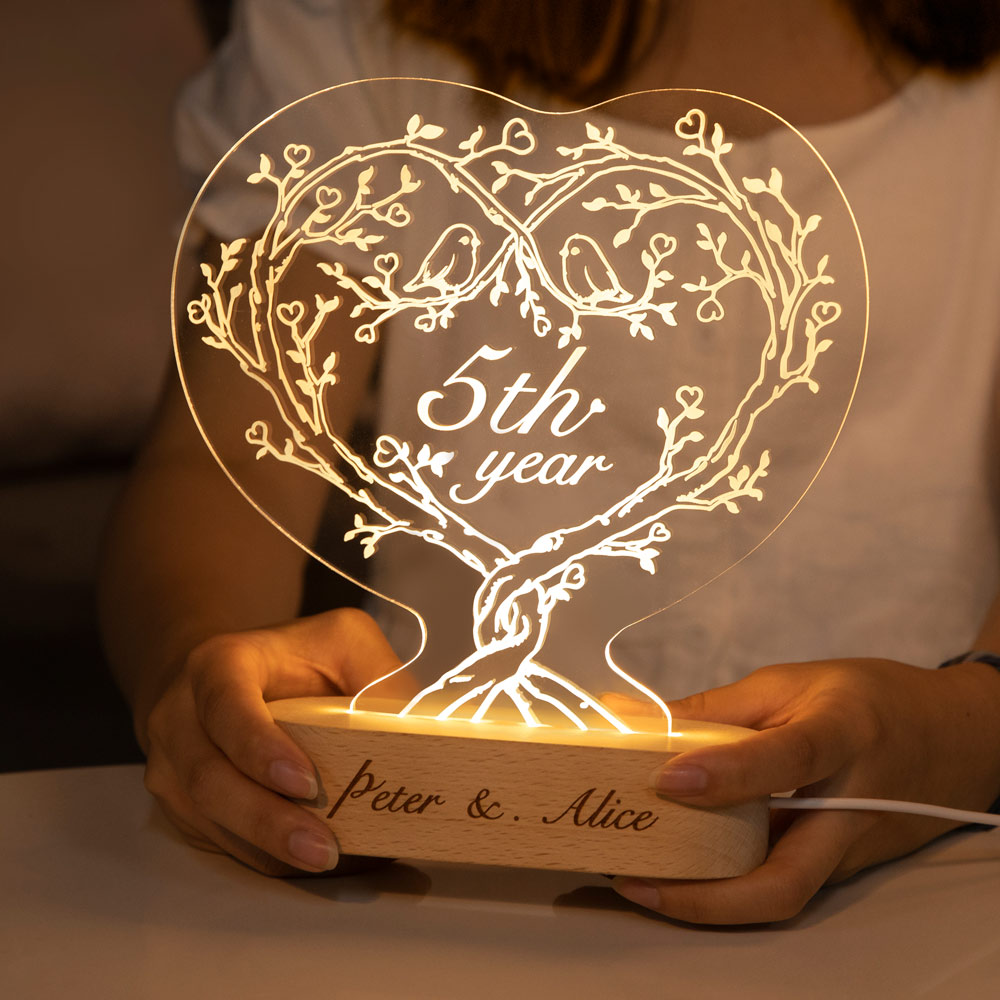 Heart Shaped LED Night Lamp with Wooden Base Anniversary Gift - CALLIE