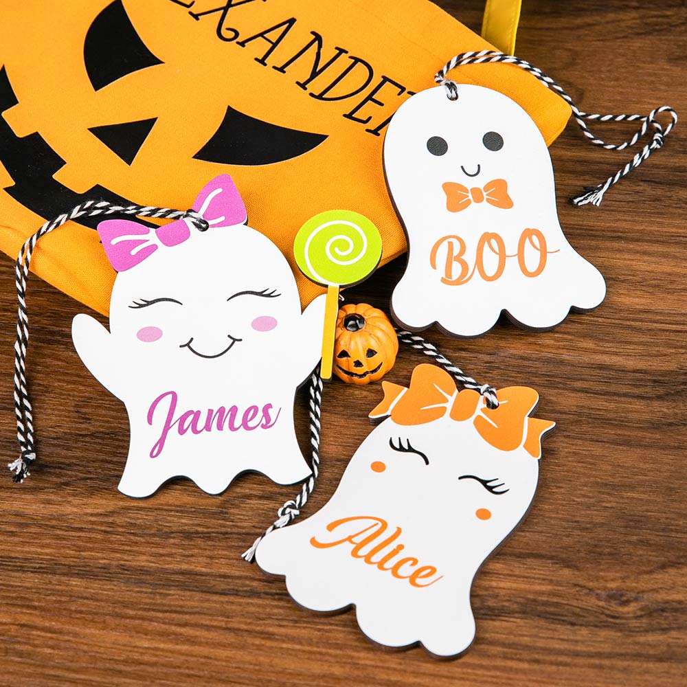Customised Halloween Boo Ghost Name Candy Bag Tags - CALLIE