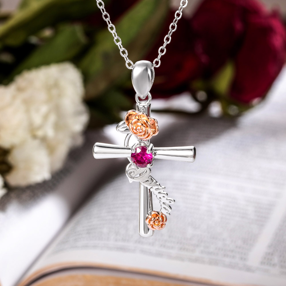 Personalized Name Birthstone & Birthflower Cross Necklace - CALLIE