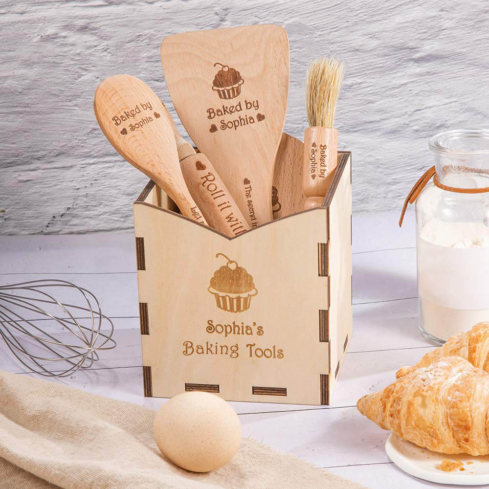 Personalized Wood Cooking Baking Tools with Name Set of 6 Kitchen ...