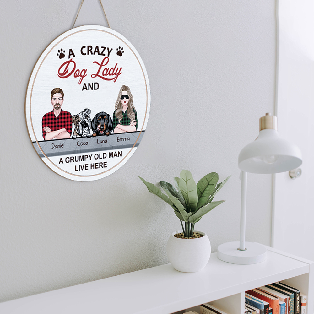 Personalized Welcome Door Sign Wooden Crazy Dog Lady And Grumpy Old Man ...