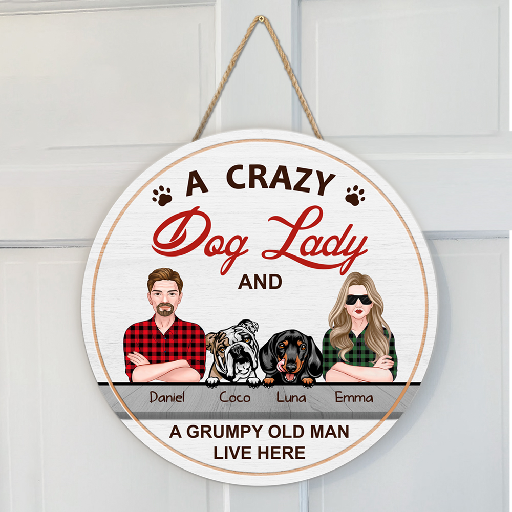 Personalized Welcome Door Sign Wooden Crazy Dog Lady And Grumpy Old Man ...