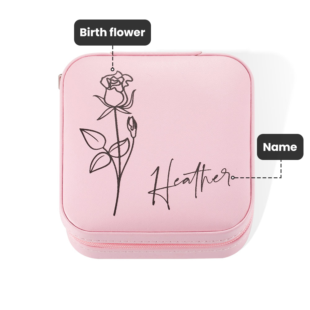 Personalized Leather Name Birth Flower Jewelry Box for Women Girls - CALLIE