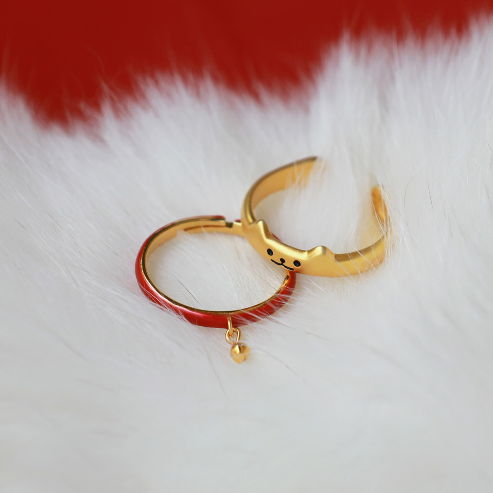 Personalized Set of 2 Adjustable Stacking Cute Cat Rings - CALLIE