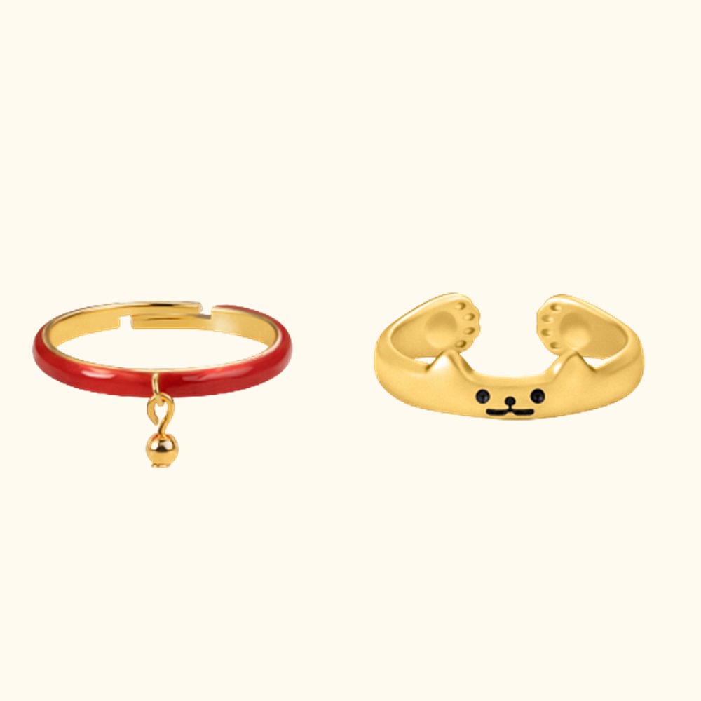 Personalized Set of 2 Adjustable Stacking Cute Cat Rings - CALLIE