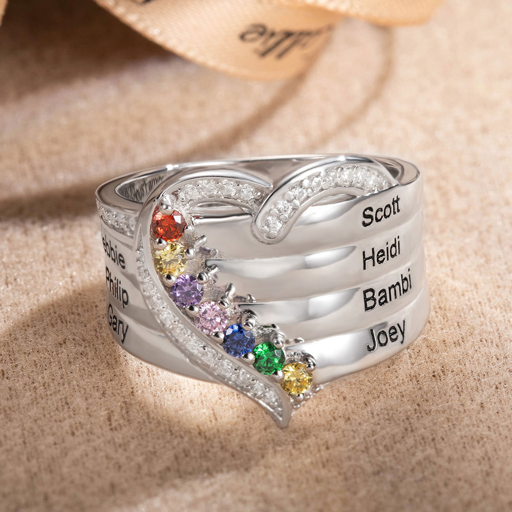Personalized Sterling Silver Heart Engraved Name and Birthstone Ring ...