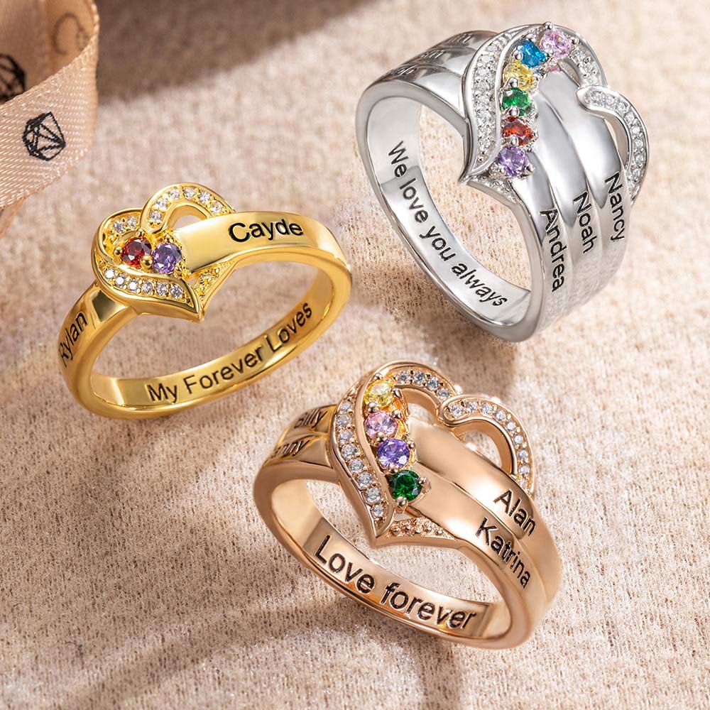 Personalized Sterling Silver Heart Engraved Name and Birthstone Ring ...