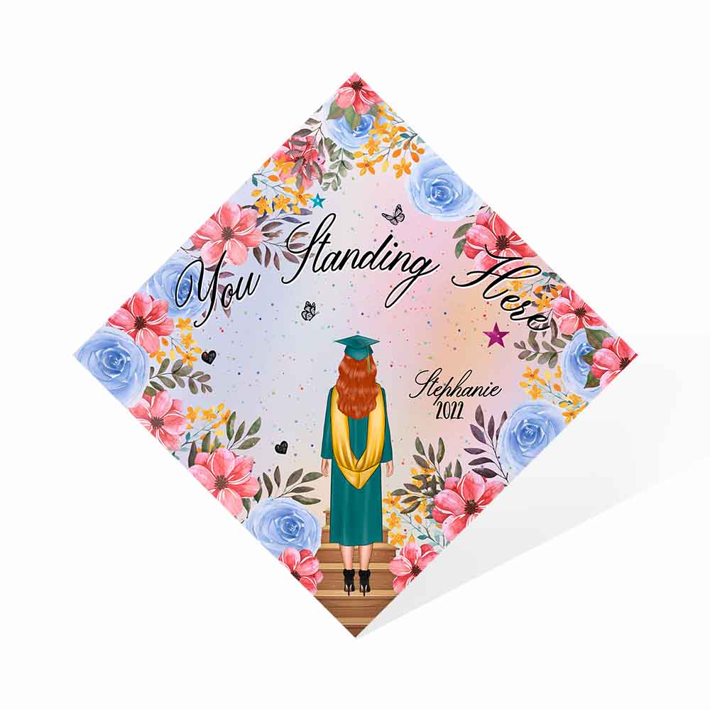 Personalized Back Silhouette Floral Grad Cap Decor with Name and Year ...
