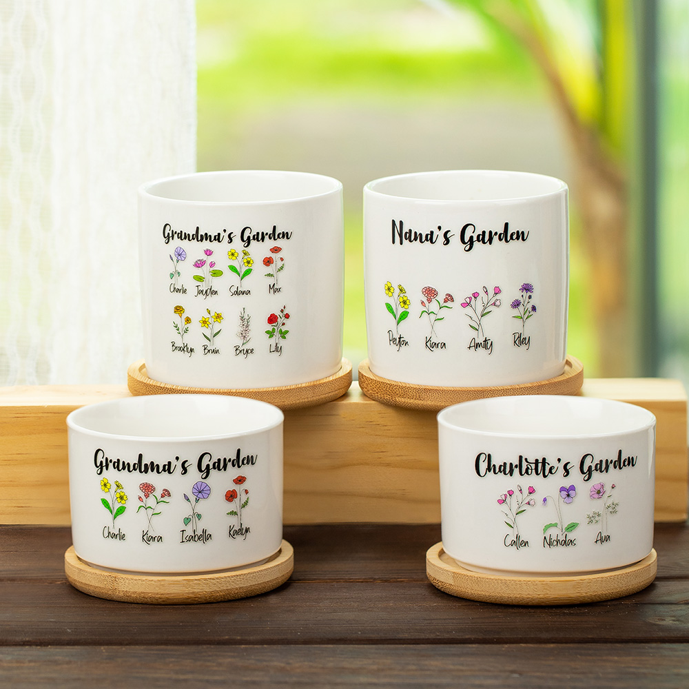 Personalized Birth Flower Plant Ceramic Pot Planter and Bamboo Base ...