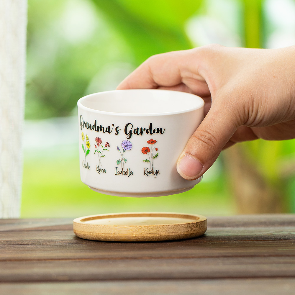 Personalized Birth Flower Plant Ceramic Pot Planter and Bamboo Base ...
