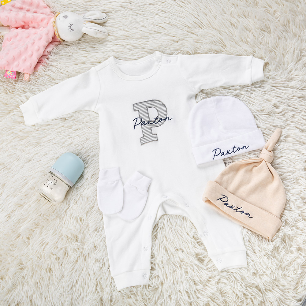 Personalized Neutral Baby Romper Set with Hat and Gloves Coming Home ...