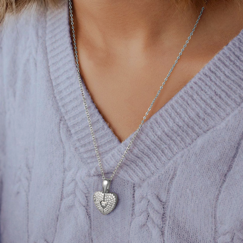 Personalized Photo Heart Locket Necklace Sterling Silver Cubic Zirconia ...