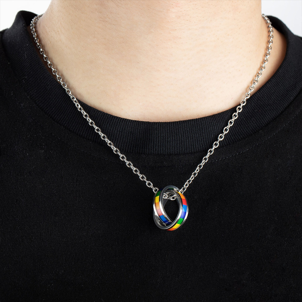 Personalized LGBT Pride Rainbow Double Rings Pendant Necklace - CALLIE