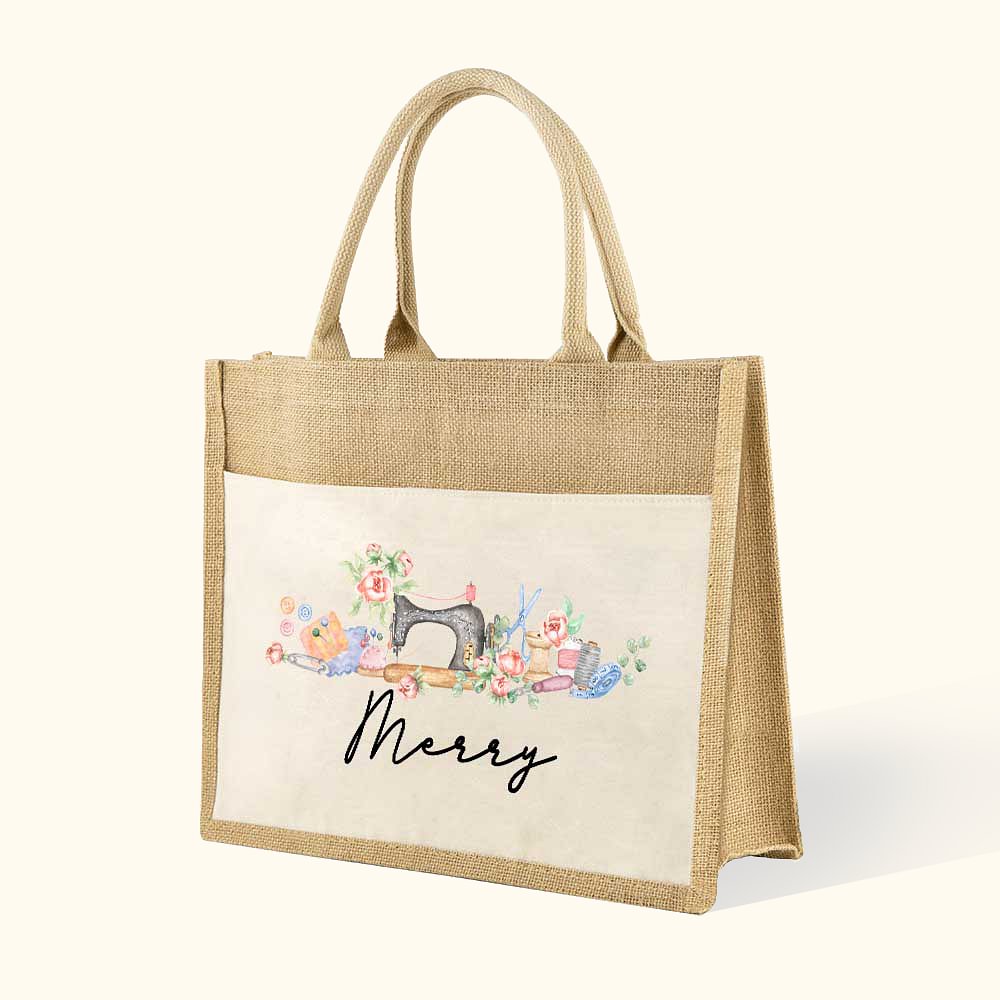 Personalized Jute Burlap Storage Tote Bag with Handles for Sewing ...