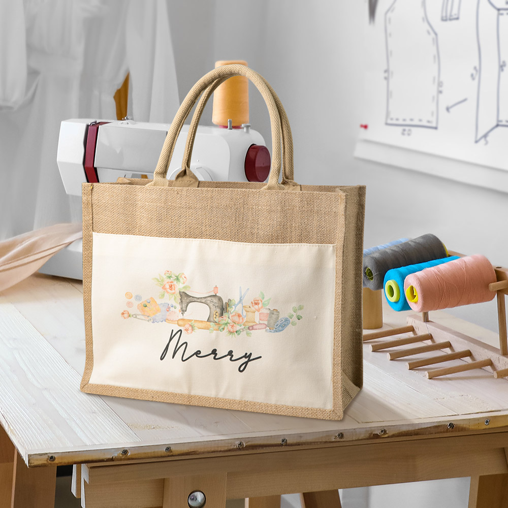 Personalized Jute Burlap Storage Tote Bag with Handles for Sewing ...