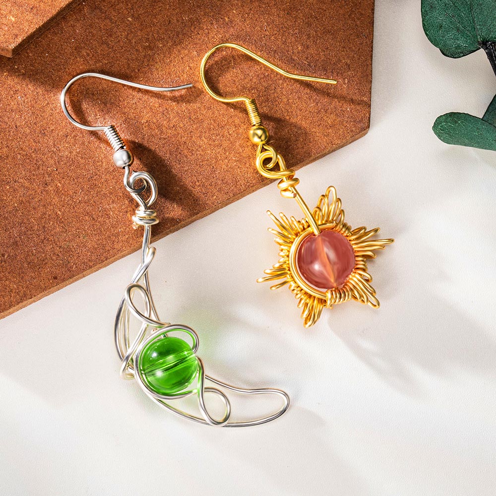 Personalized Drop Dangle Earrings Sun and Moon Crystal Wire-Wrapped ...