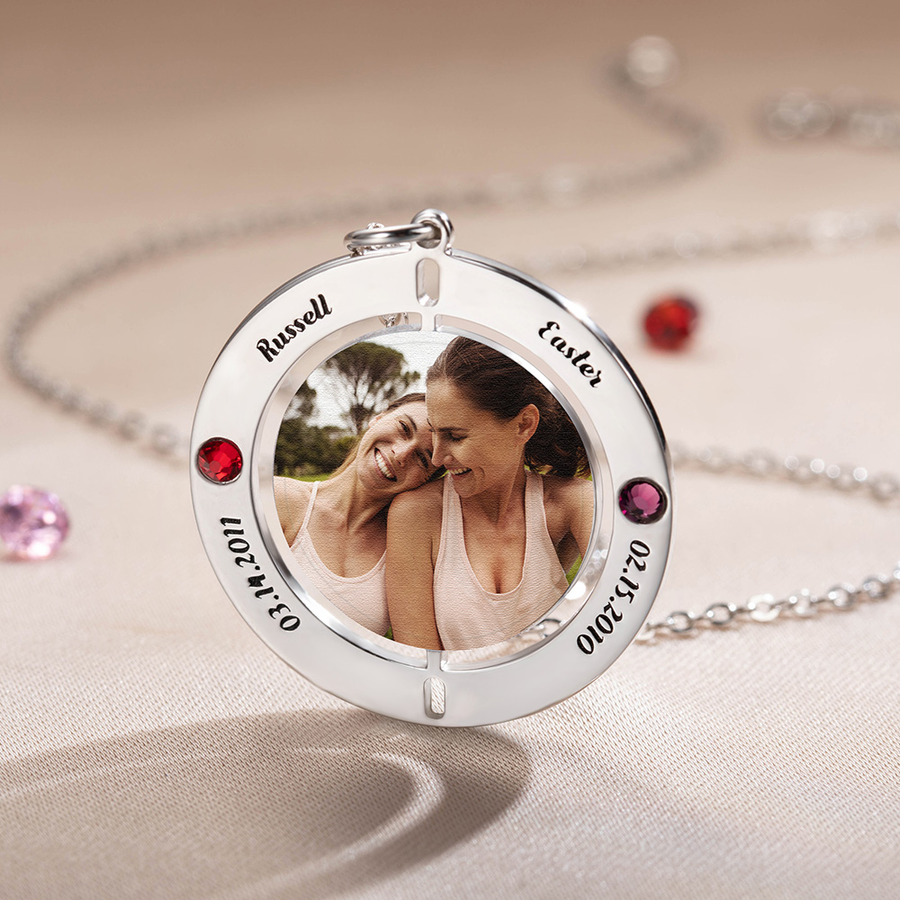 Personalized Photo Circle Necklace with Birthstones and Engraved Text ...