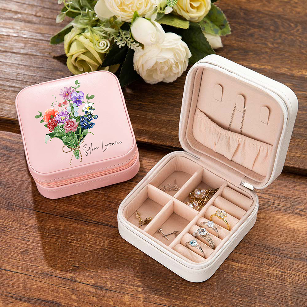 Personalized Watercolor Birth Flowers Bouquet Leather Jewelry Box with ...