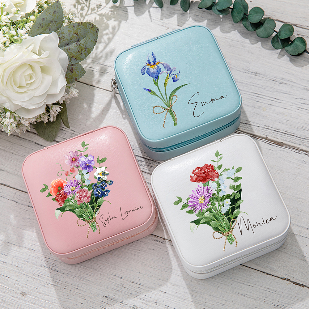 Personalized Watercolor Birth Flowers Bouquet Leather Jewelry Box with ...