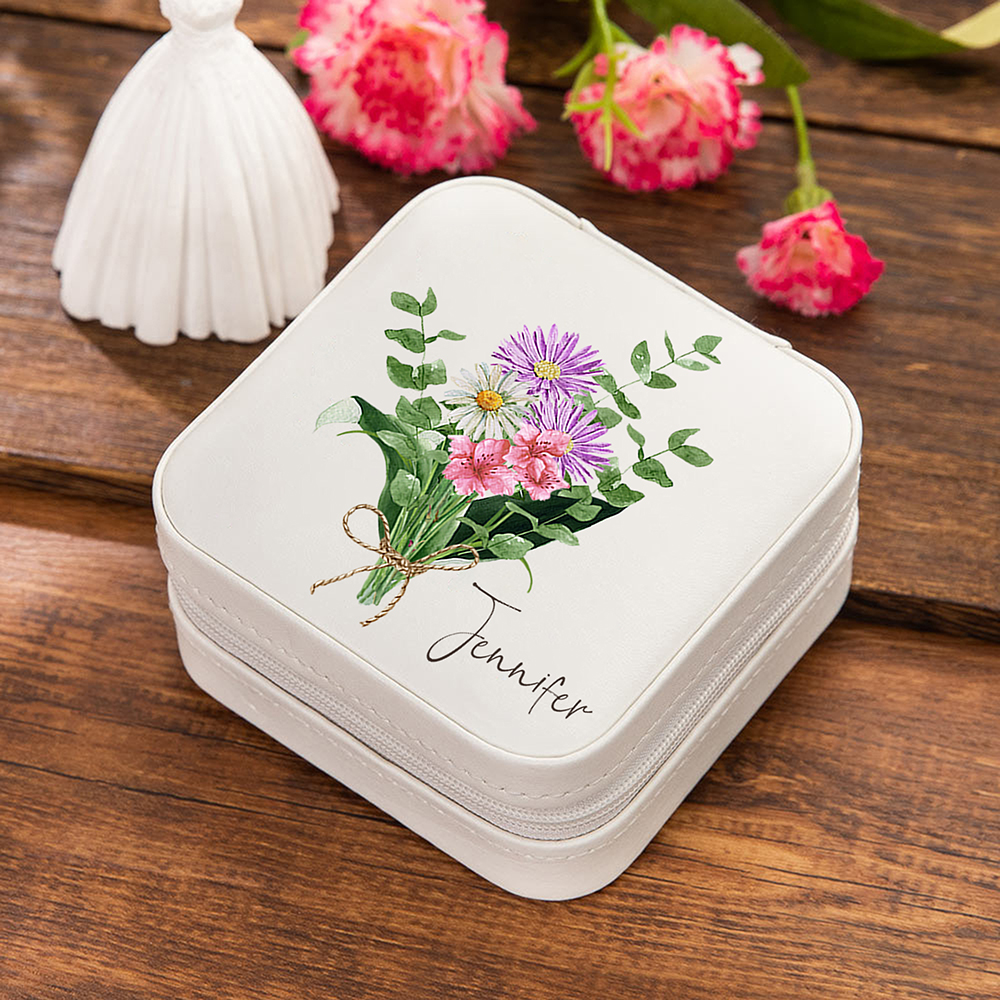 Personalized Watercolor Birth Flowers Bouquet Leather Jewelry Box with ...