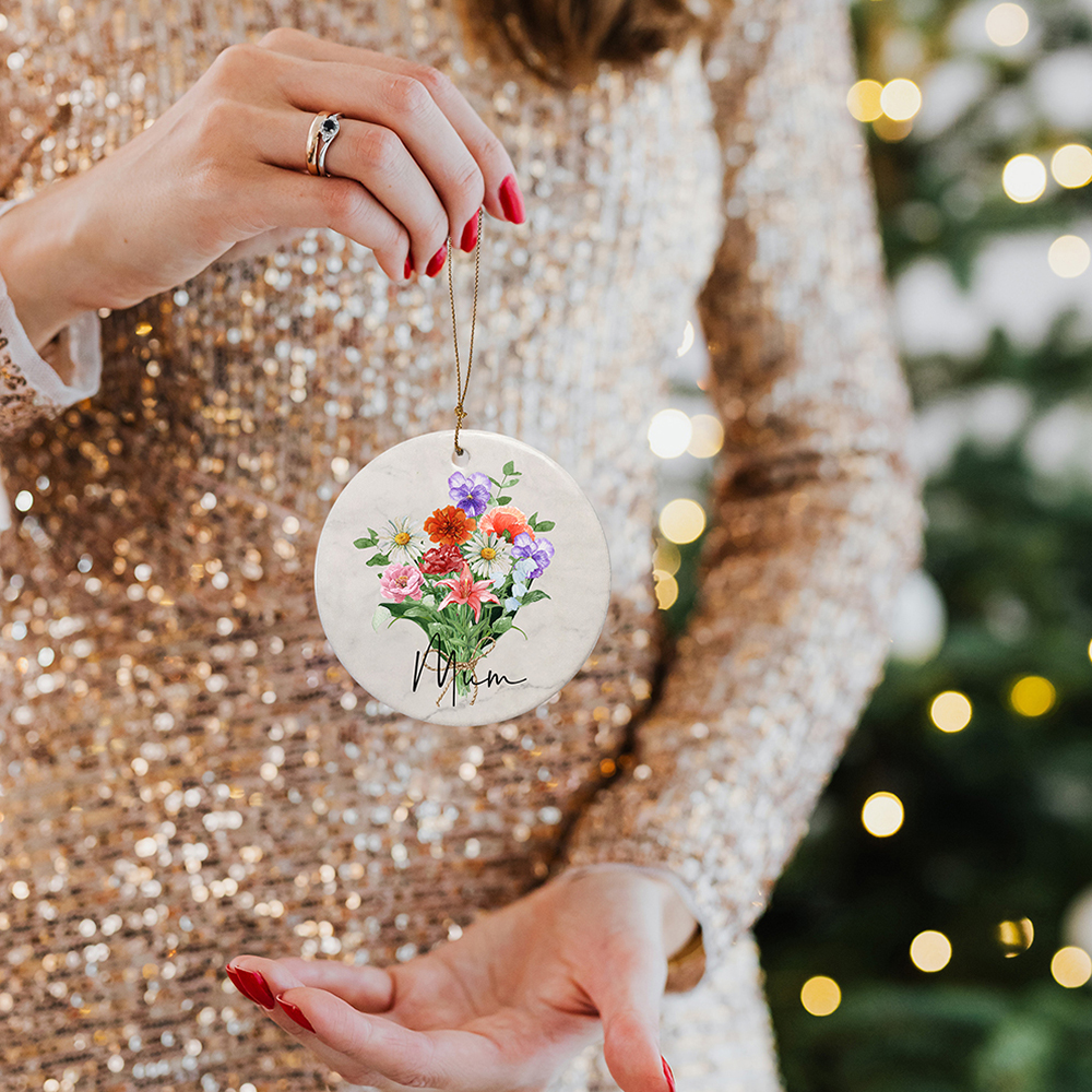 Personalized Family Members Birth Flower Bouquet Ceramic Ornament with ...