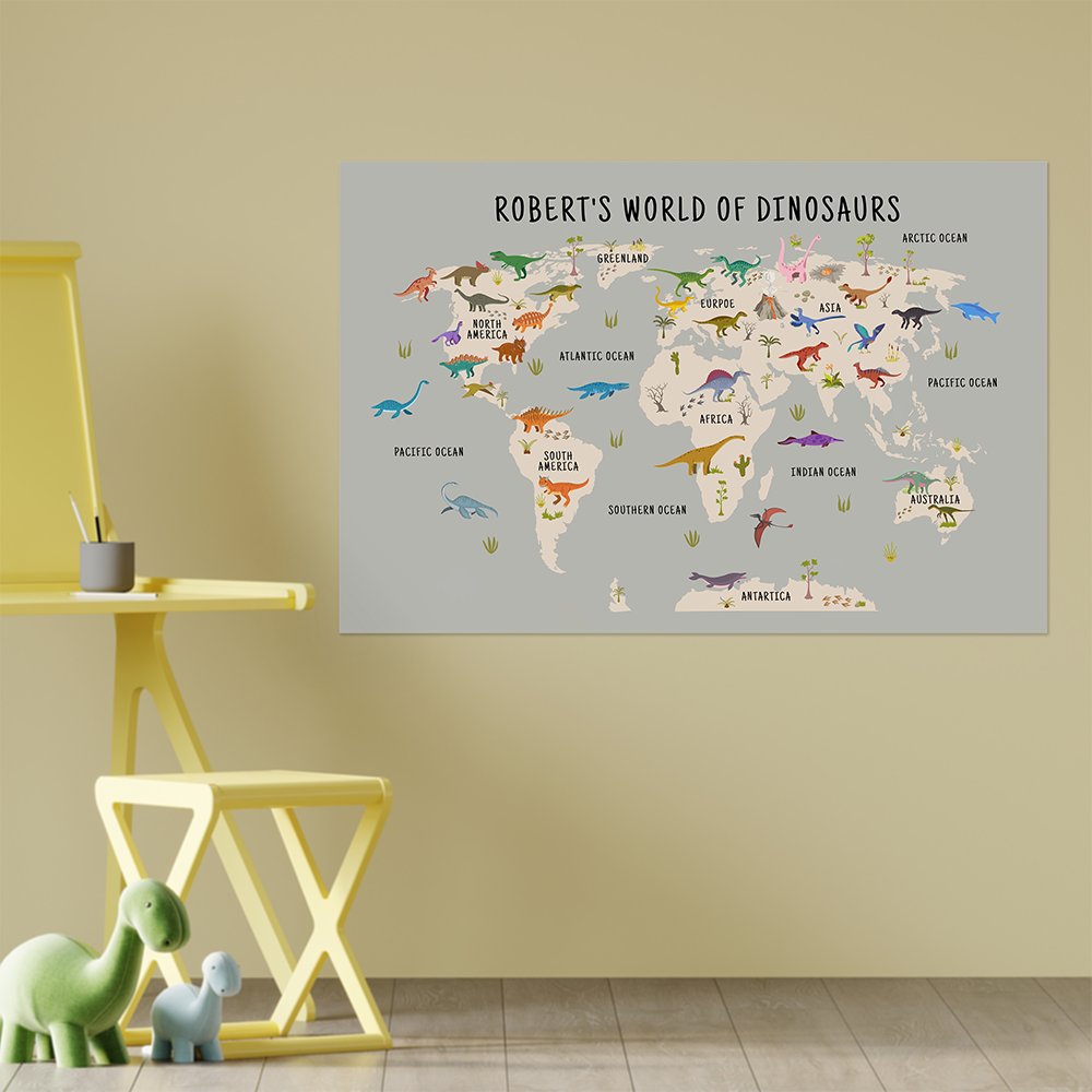 Personalized Dinosaur World Map Wall Art Kids Educational Poster Print ...
