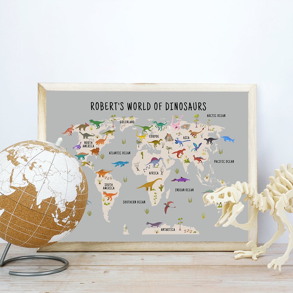Personalized Dinosaur World Map Wall Art Kids Educational Poster Print ...