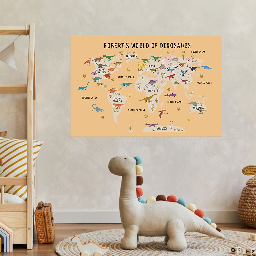 Personalized Dinosaur World Map Wall Art Kids Educational Poster Print ...