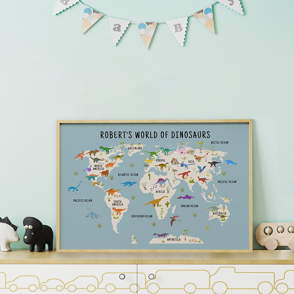 Personalized Dinosaur World Map Wall Art Kids Educational Poster Print ...