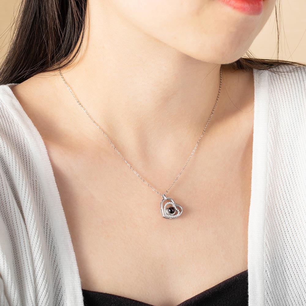 Personalized Double Heart Photo Projection Necklace Studded with ...