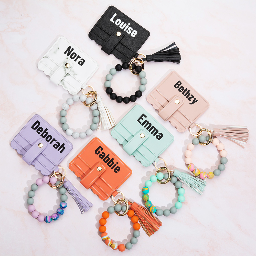 Personalized Keychain Leather Wallet With Wristlet Beaded Bracelet - CALLIE