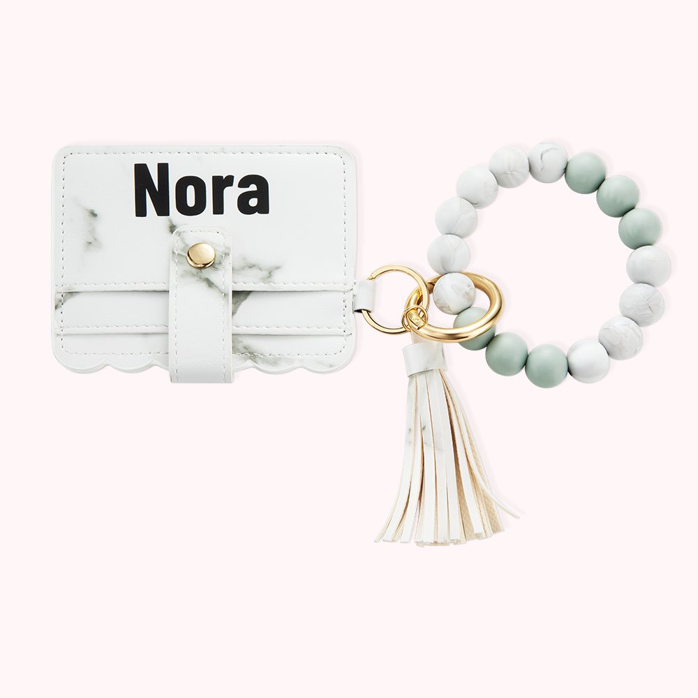 Personalized Keychain Leather Wallet With Wristlet Beaded Bracelet - CALLIE