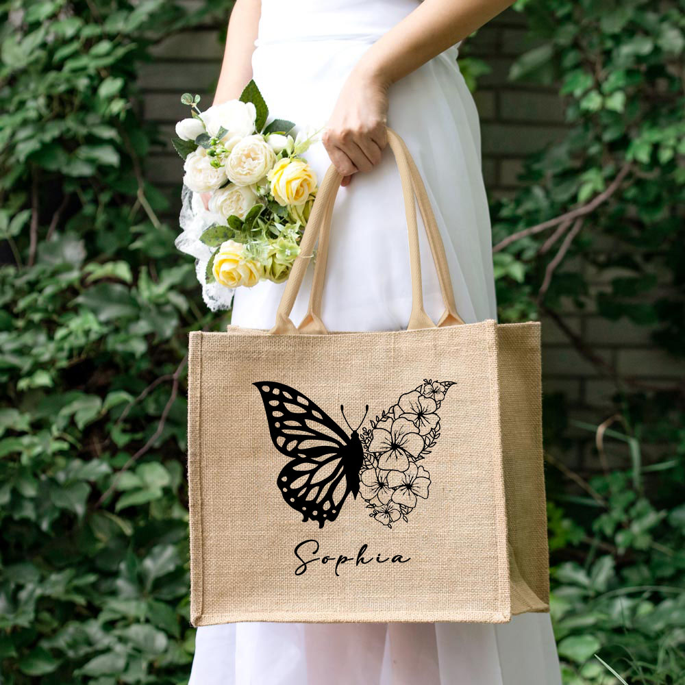 Personalized Birth Flower Butterfly Burlap Tote Bag - CALLIE
